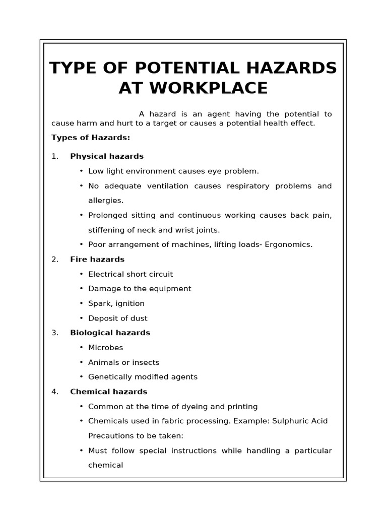 Workplace Hazard Types and Precautions | PDF