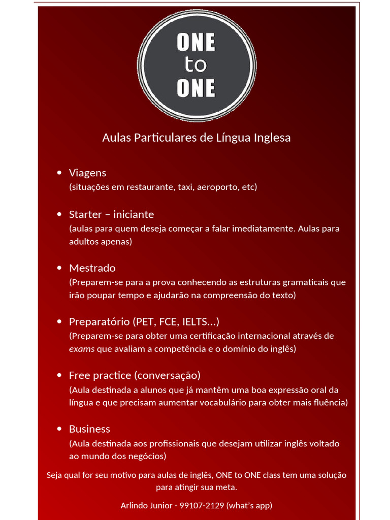 Aulas Particulares de Inglês One on One | PDF