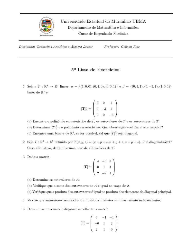 6 Lista de Exercícios - Álgebra Linear | PDF | Autovalores e ...