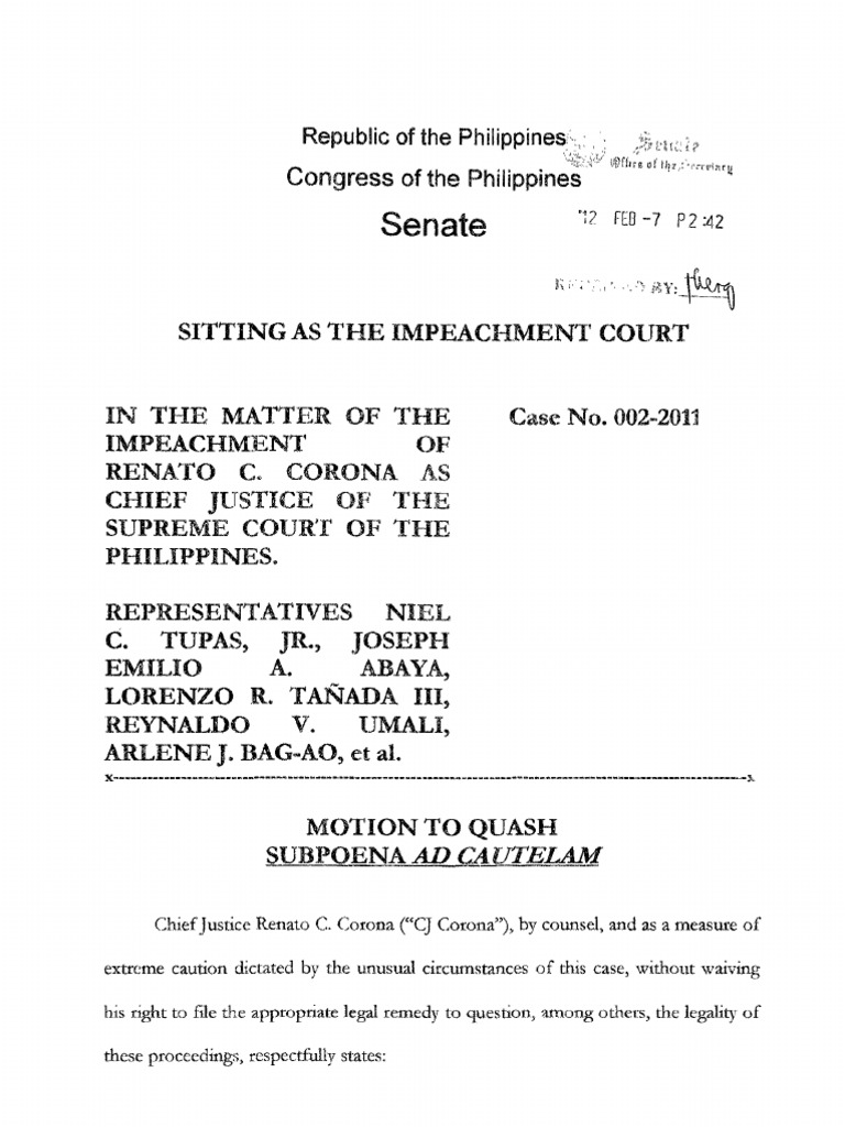 Motion to Quash Subpoena in Impeachment Case | PDF | Law