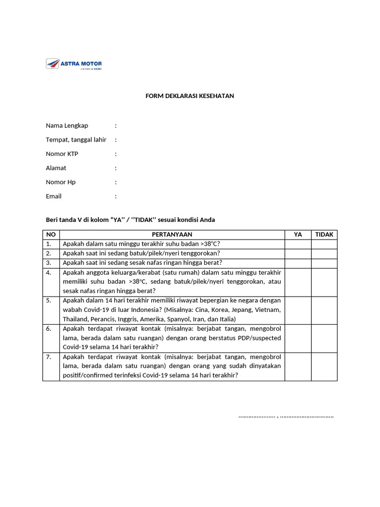Form Deklarasi Kesehatan (1) | PDF