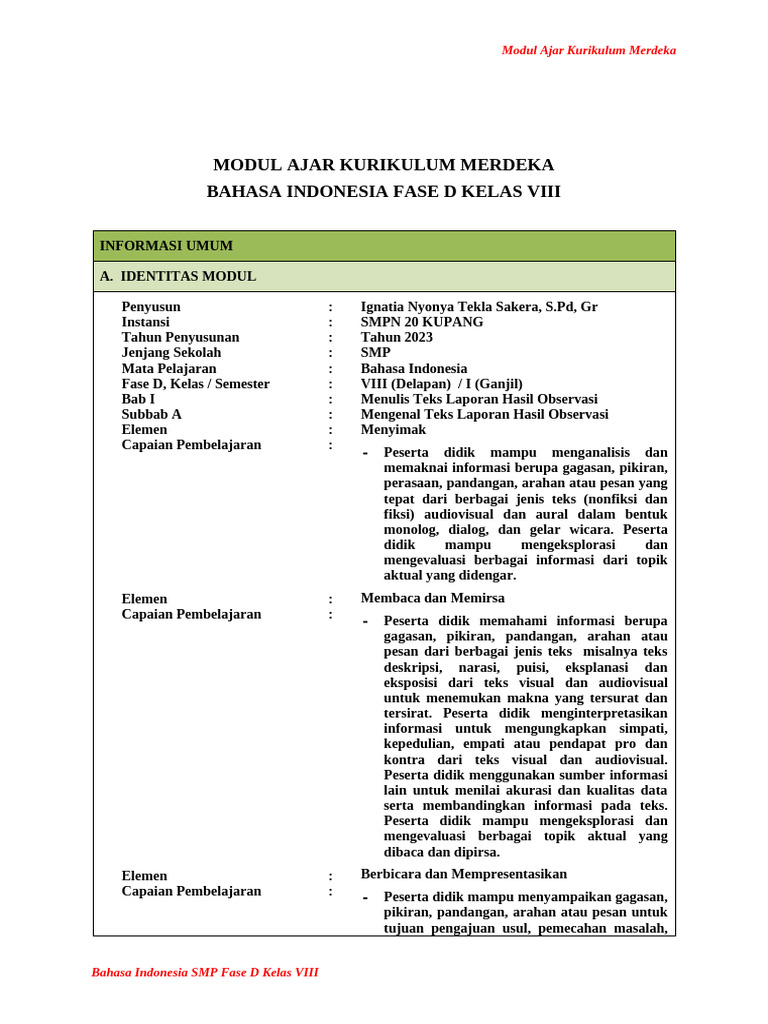 Modul Ajar Bahasa Indonesia Kelas VIII | PDF