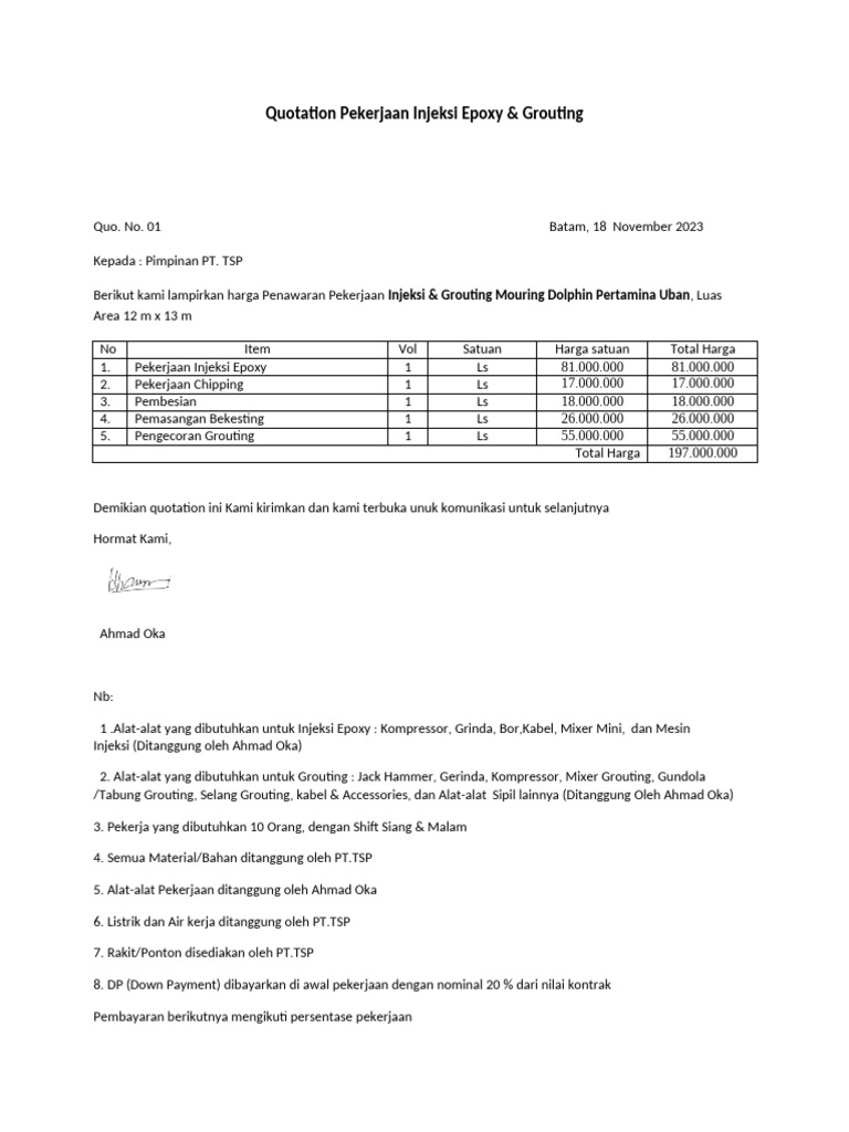 Quotation Pekerjaan Injeksi Epoxy New | PDF