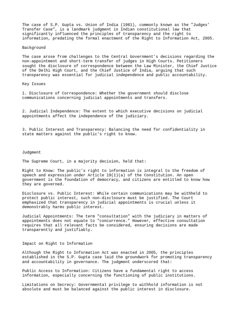 SP gupta case | PDF | Freedom Of Information Laws By Country | Judiciaries