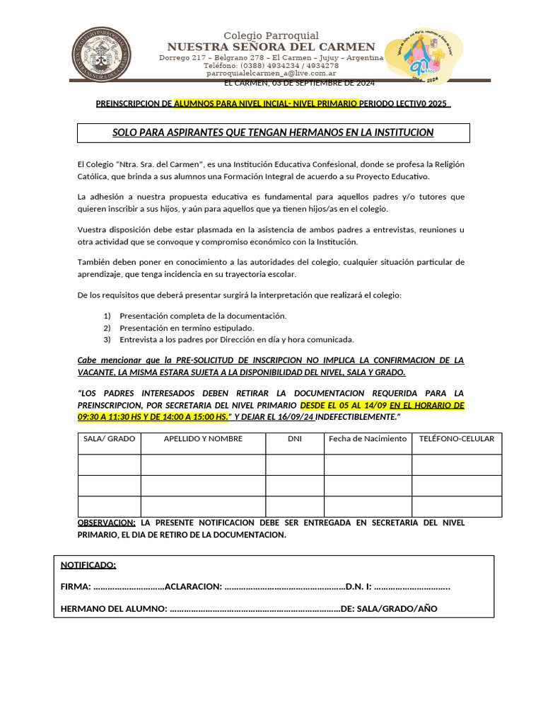 Preinscripción 2025 en Colegio del Carmen | PDF
