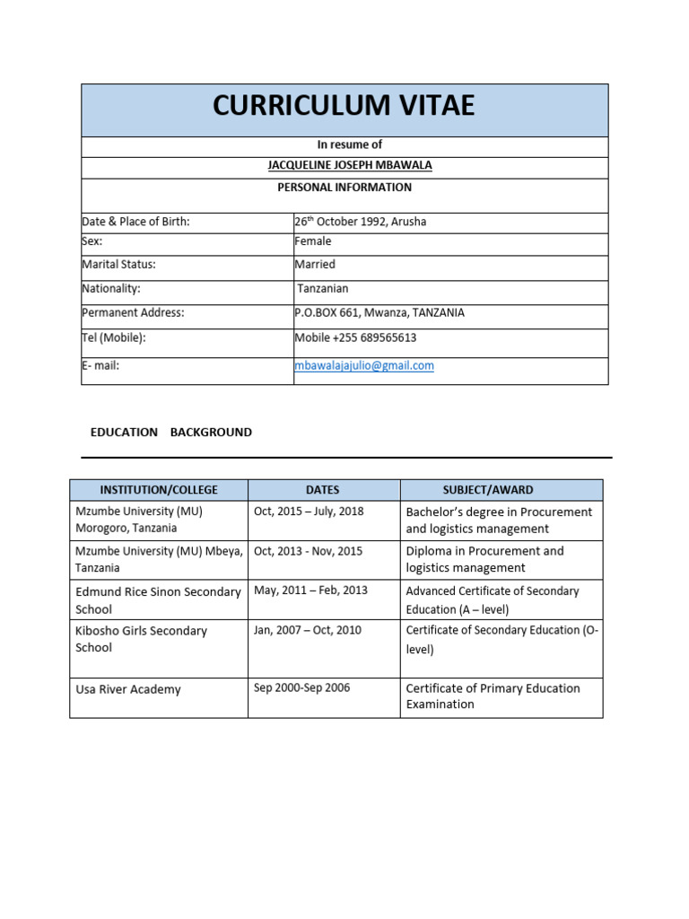 Jacqueline Joseph Mbawala (CV) | PDF | Procurement | Stocks