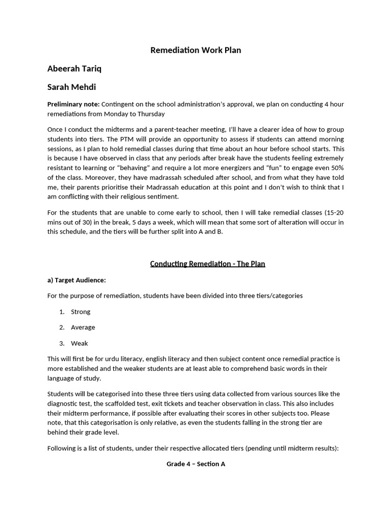 Remediation Work Plan-Feedback | PDF | Learning | Cognition