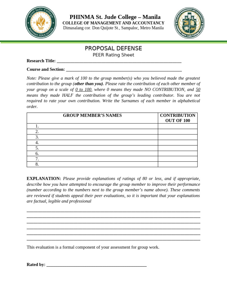 Proposal Defense - Peer Rating Sheet TEMPLATE | PDF