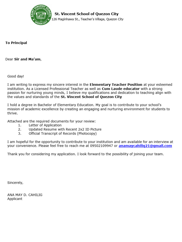St. Vincent School of Quezon City Letter of Application - CAHILIG, ANA ...