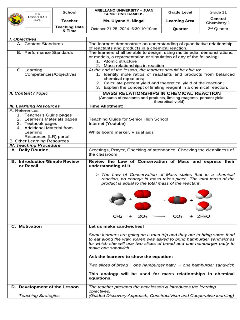Grade 11 Chemistry Lesson Plan: Mass Relationships | PDF ...