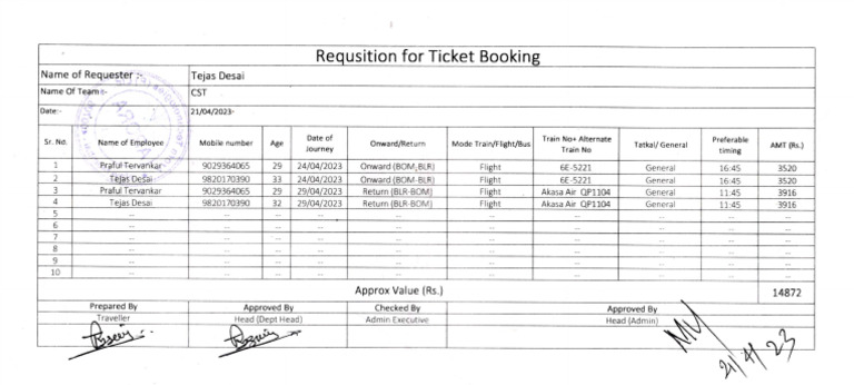Ticket Requisition for TI and ADE Bangalore | PDF