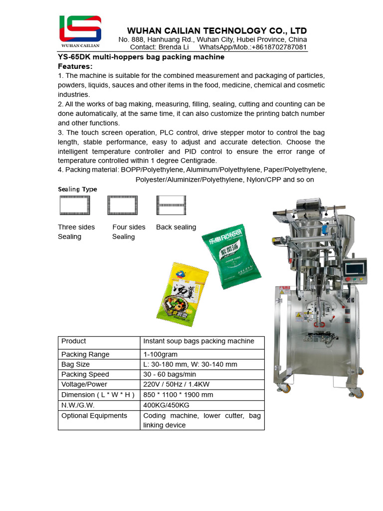 YS-65DK Multi-Hoppers Packing Machine | PDF | Secondary Sector Of The ...