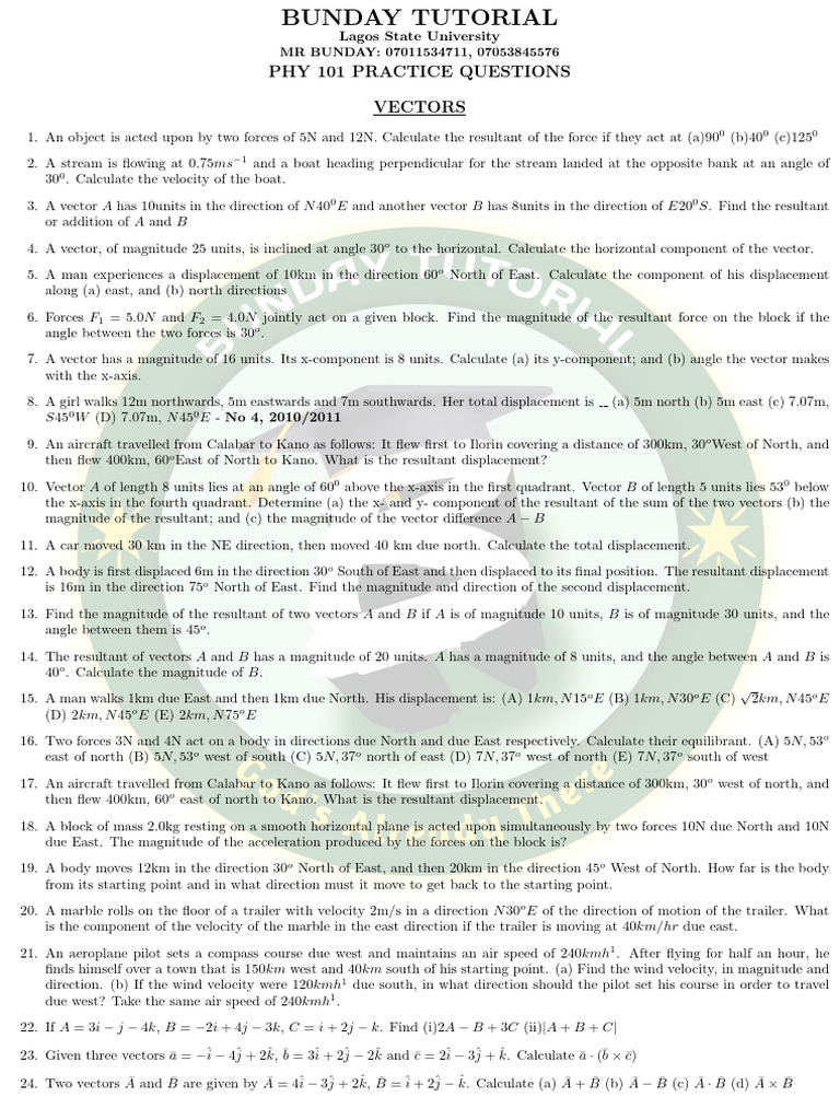 Bunday Tutorial Phy101 Vectors Practice Qsts | PDF | Euclidean Vector | Velocity