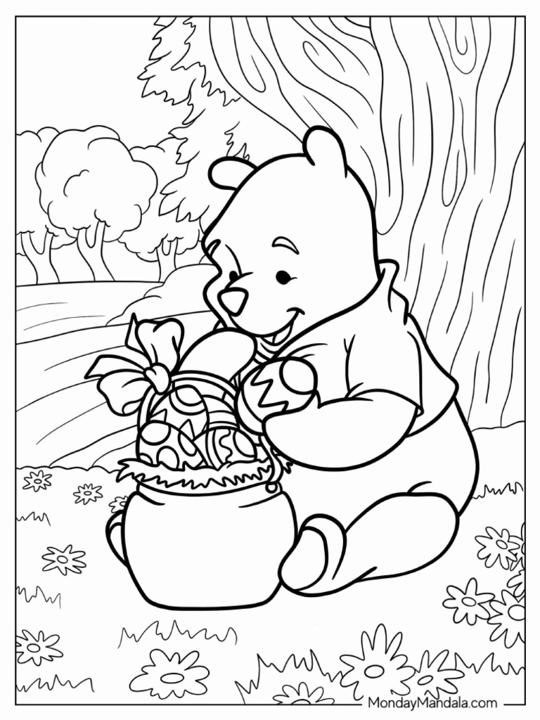 Winnie The Pooh Sitting With His Pot of Easter Eggs Coloring Page For ...