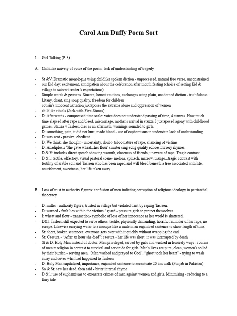 Carol Ann Duffy Poem Analysis Guide | PDF | Poetry