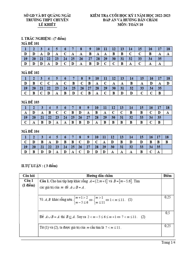 Dap An Va Huong Dan Cham de Kiem Tra Cuoi Ki I Toan 10 | PDF