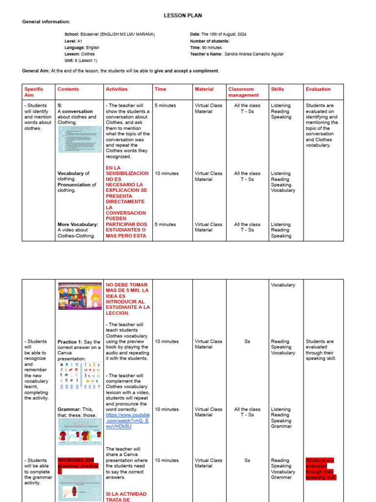 Lesson Plan. Sandra Camacho A. | PDF | Vocabulary | Grammar