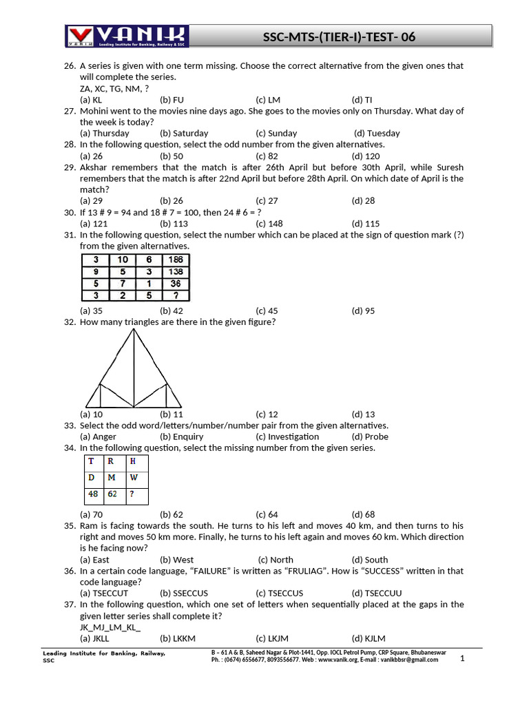 SSC-MTS - (Tier-I) - Test - 06 Reasoning | PDF