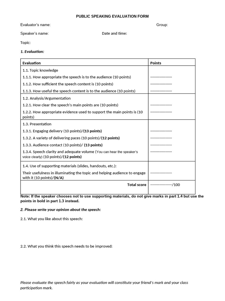 PS - Individual Speech Evaluation Form | PDF