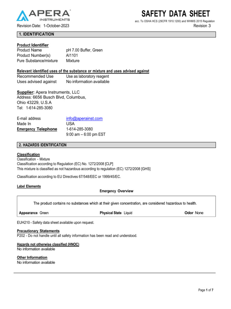 pH 7.00 Buffer Safety Data Sheet | PDF | Personal Protective Equipment ...
