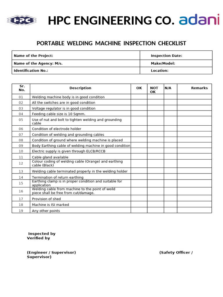 Portable Welding Machine Inspection Checklist 1 | PDF