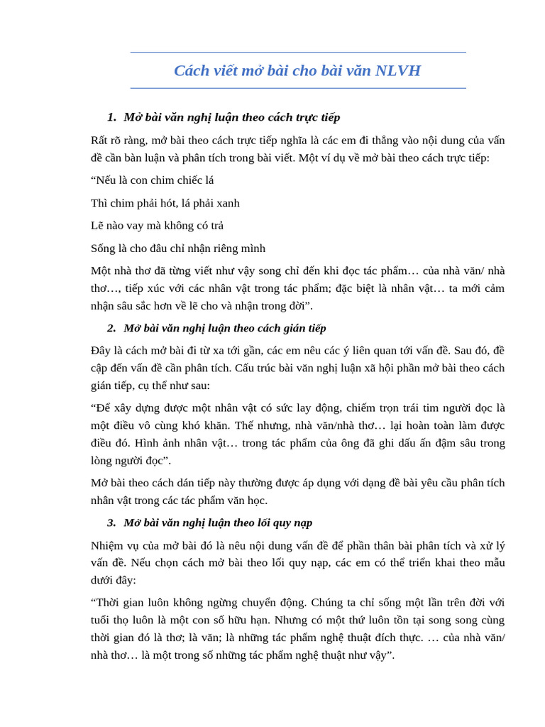 Cách viết mở bài cho bài văn NLVH | PDF