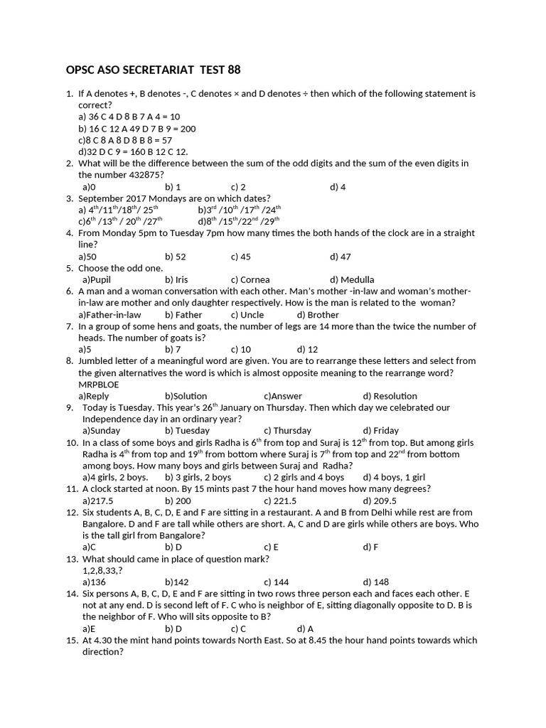 Opsc Aso Secretariat Test 88 Preparation | PDF
