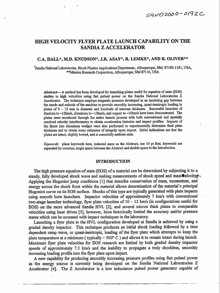 C.A. Hall Et Al - High Velocity Flyer Plate Launch Capability On The ...