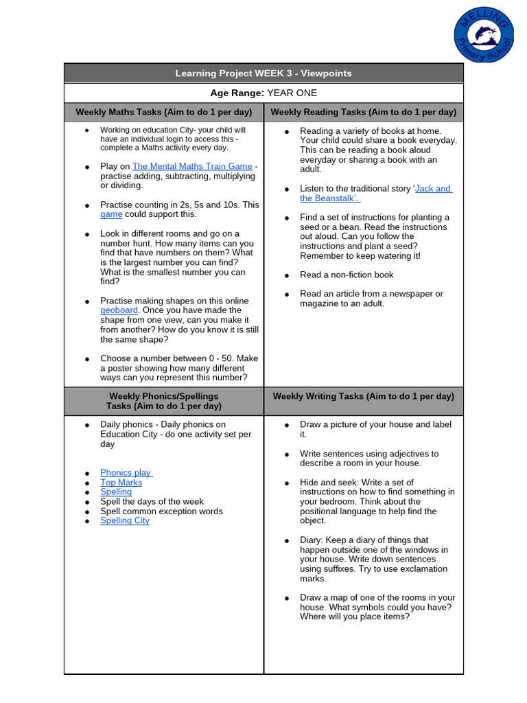 Year One Week Three Home Learning | PDF | Phonics