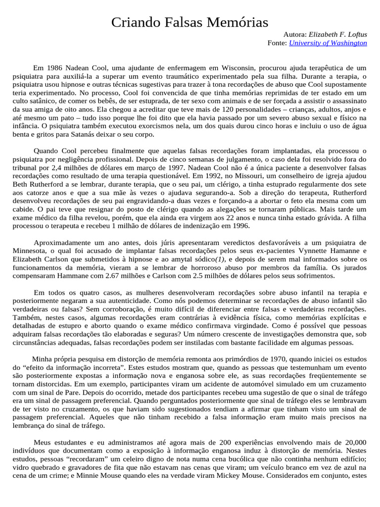 Falsas Memórias e Terapia Controversas | PDF | Memória | Informação