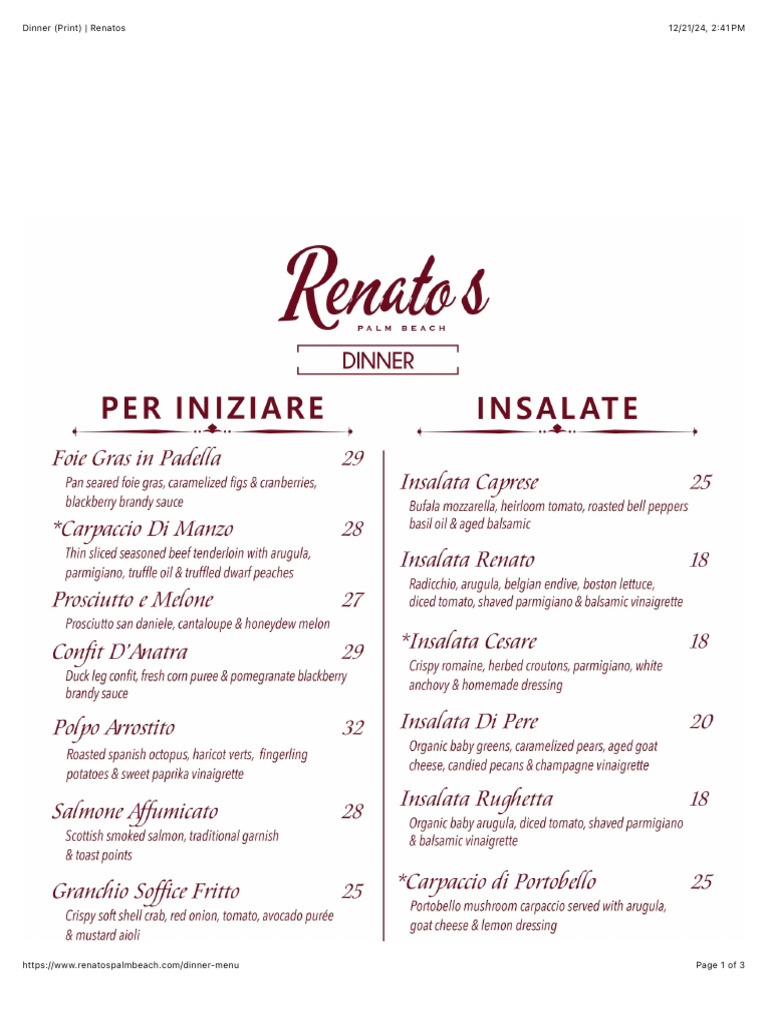 Dinner (Print) | Renatos | PDF | Cuisine | Foods
