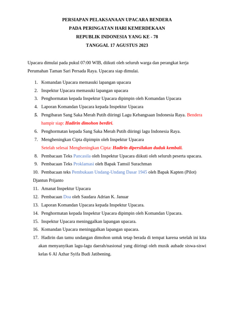 urutan upacara 17 agustus 2023 | PDF