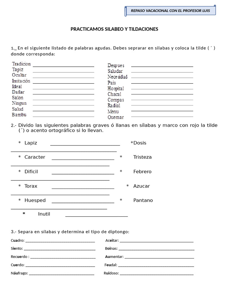 Practicamos Silabeo y Tildaciones | PDF