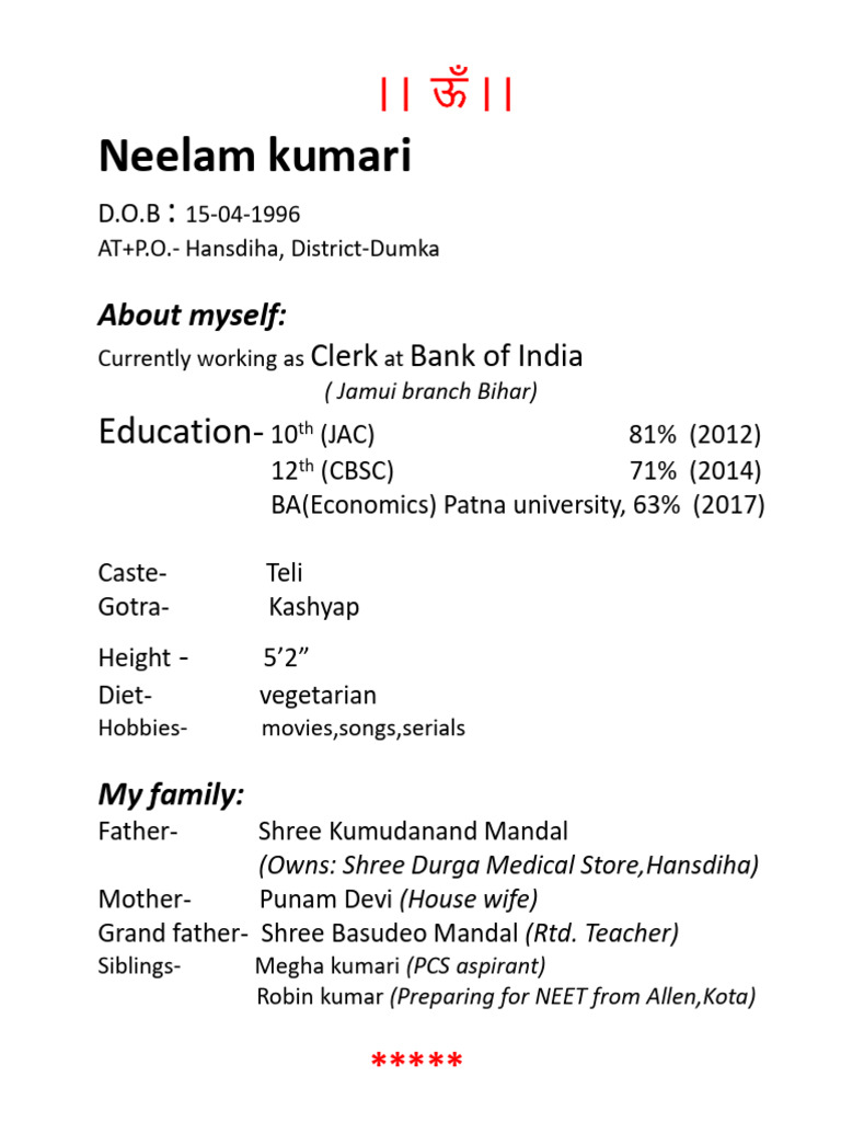 Neelam Kumari, Biodata | PDF