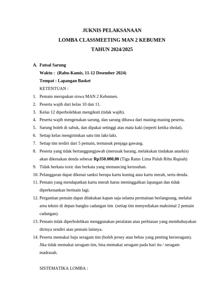 Juknis Lomba Classmeeting MAN 2 | PDF