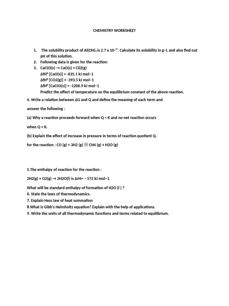 Chemistry Worksheet | PDF