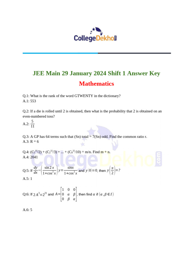jee-main-29-january-2024-shift-1-answer-key-mathematics | PDF