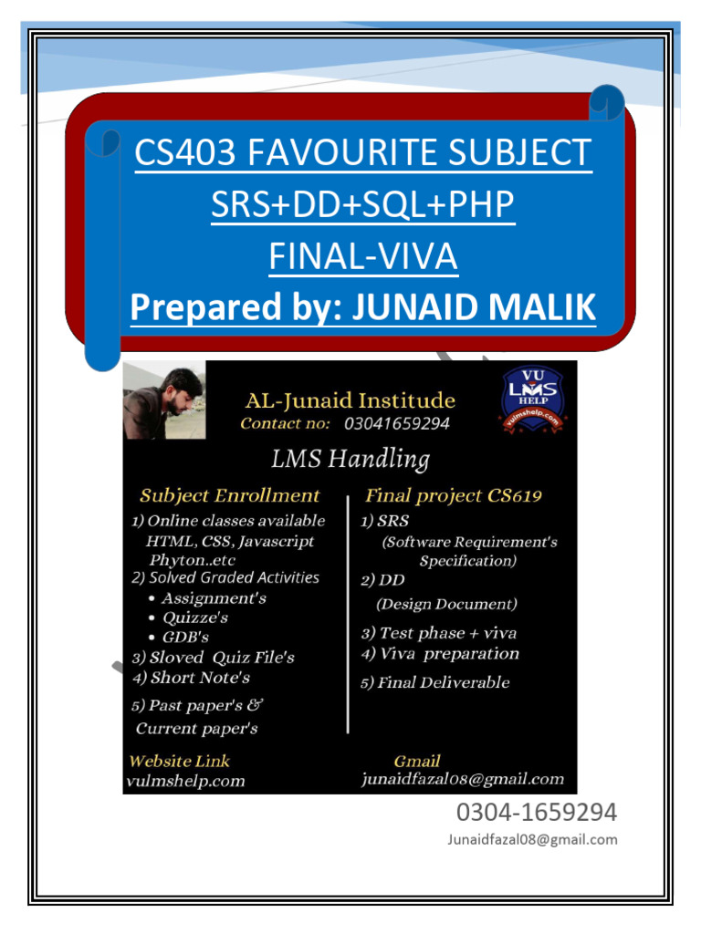 CS619 Final VIVA Prepration +SRS+DD+SQL+PHP by JUNAID | PDF | Databases | Unified Modeling Language