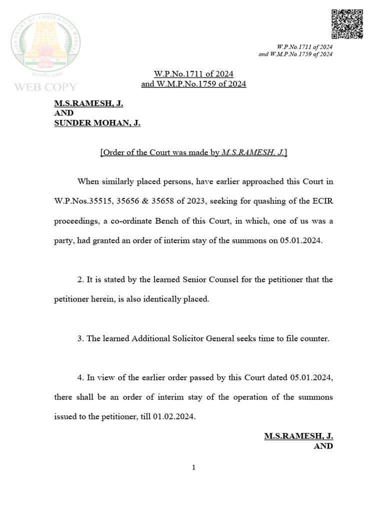 WP 1711 HC Order Staying Summons | PDF | Judiciaries | Justice