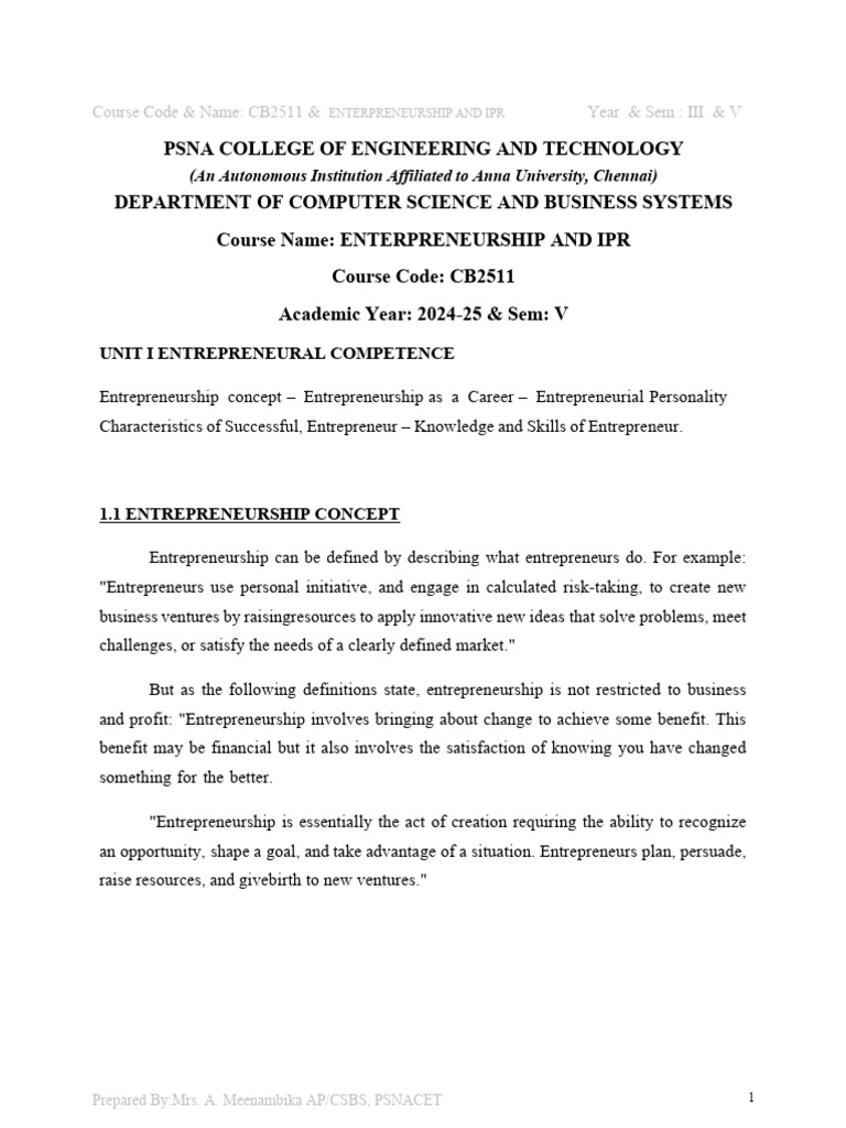 Unit 1 & 2 - Entrepreneurship and IPR | PDF | Entrepreneurship | Business