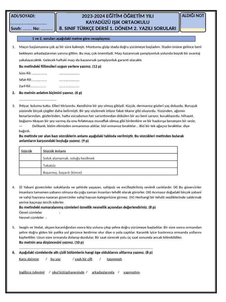 2023-2024-Egitim-Ogretim-Yili-Turkce-Dersi-8.-Sinif-1.-Donem-2.-Acik-Uclu-Sinav-Bilal-KIS 2 | PDF