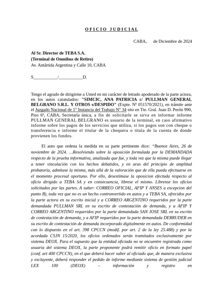 OFICIO TEBA S.A. - caba | PDF | Argentina