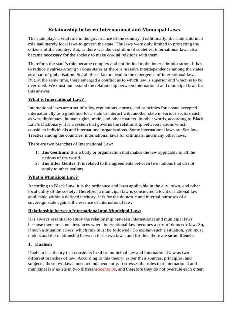 Relationship Between International and Municipal Laws | PDF | International Law | Treaty
