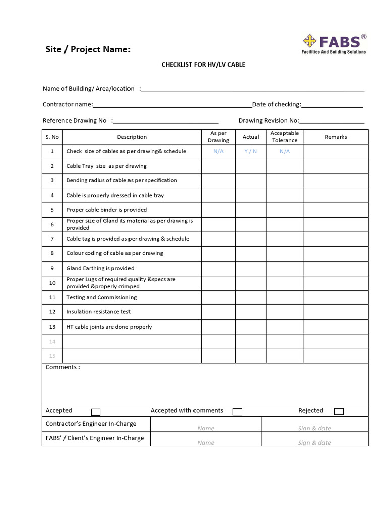 08.00 - Checklist - HV, LV Cable | PDF