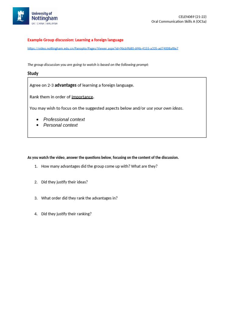 1. Example group discussion (learning a foreign language) (TASKS) | PDF