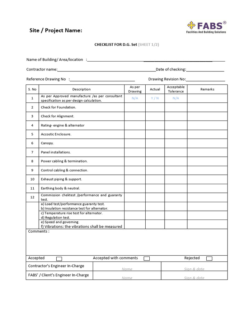 09 00 Checklist D G PDF Electrical Wiring Electrical Engineering