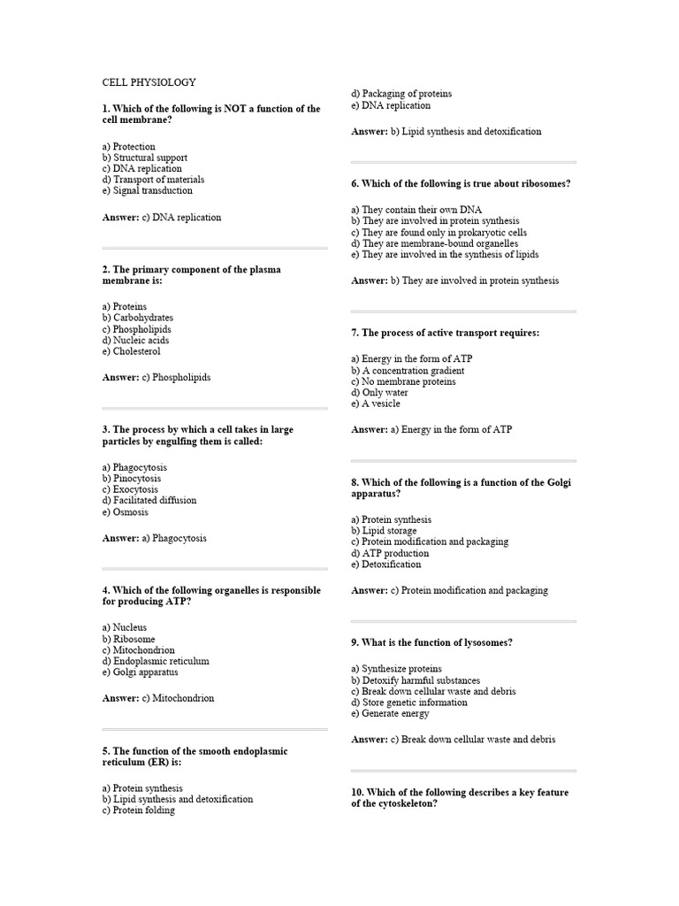100 MCQs of Cell Physiology | PDF | Cell (Biology) | Cell Membrane