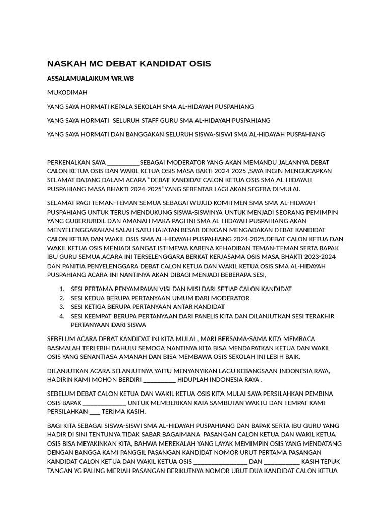 Teks Moderator Debat Osis | PDF