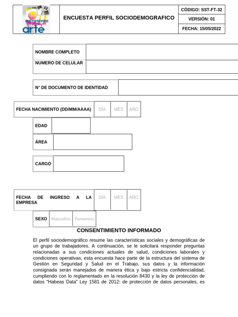Perfil Sociodemográfico ARTE IMPRESORES | PDF | Documento de identidad | Metodología de encuesta