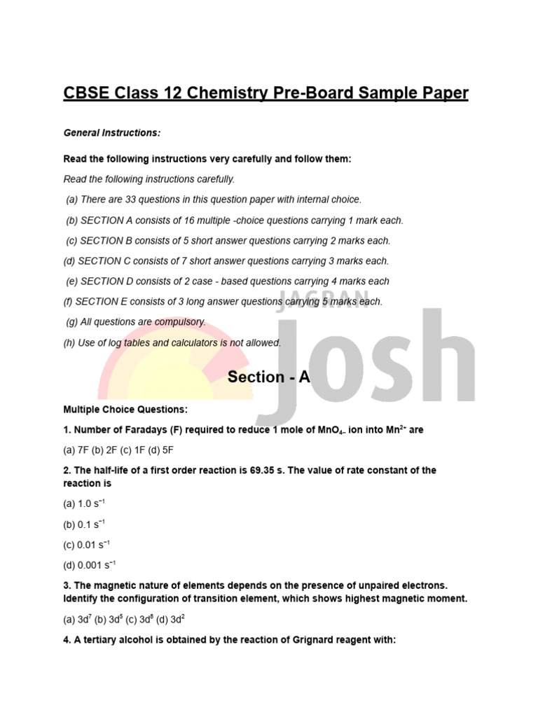 Cbse Class 12 Chemistry Pre Board Sample Paper | PDF | Ligand | Acid